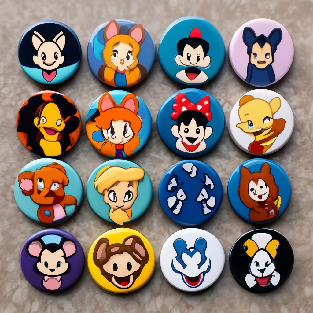 "Badges made of plastic with characters from Disney cartoons" — image ...