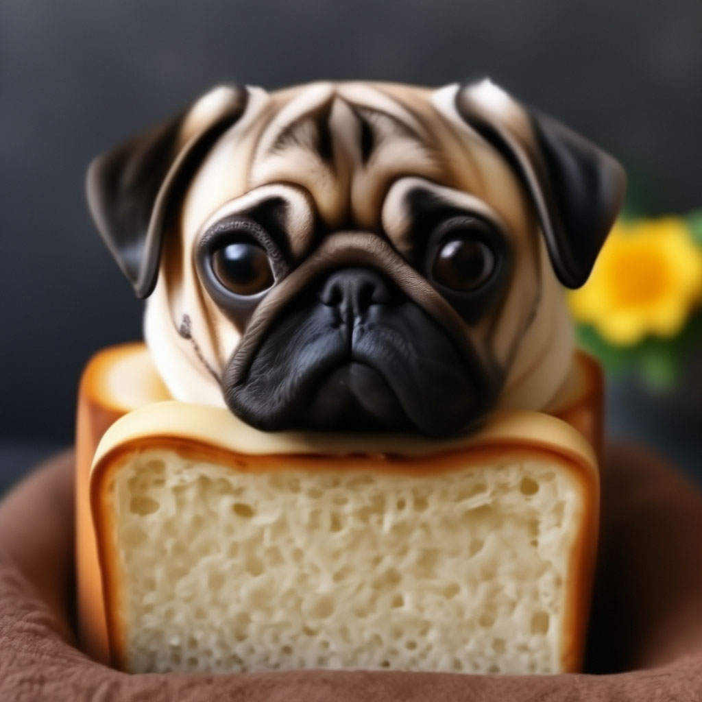 "Cute pug in a loaf of bread" — image created in Shedevrum