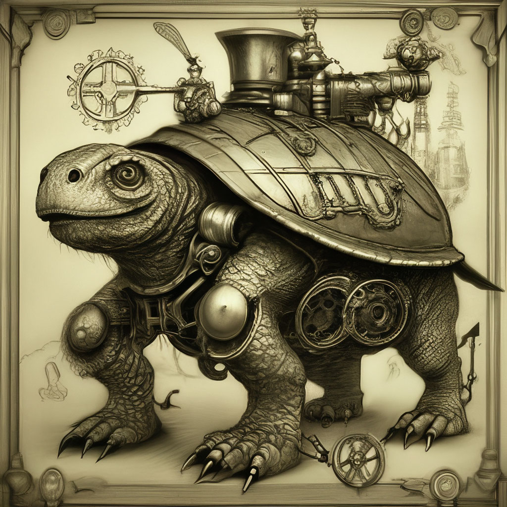 "Werewolf turtle Steampunk Drawing" — image created in Shedevrum