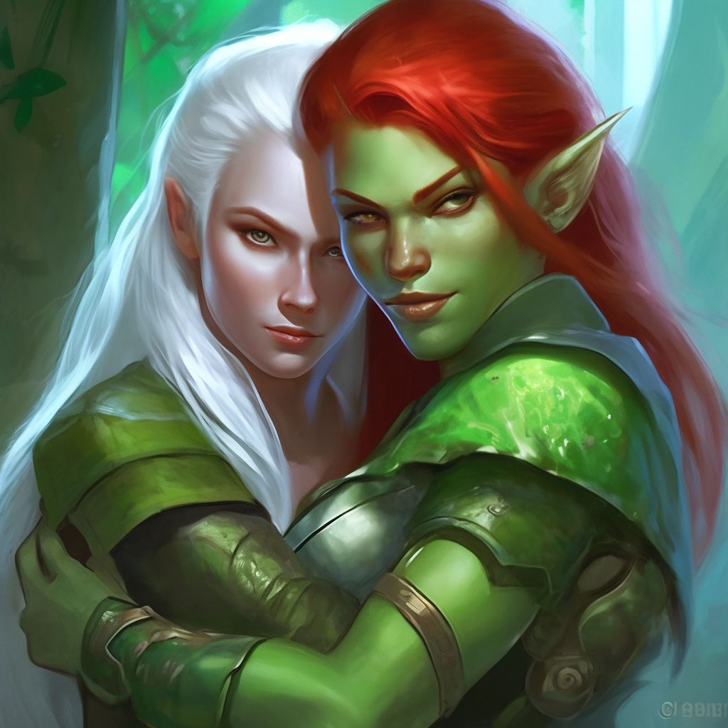 "A tall young drow with white hair hugs a beautiful Orc girl with green ...