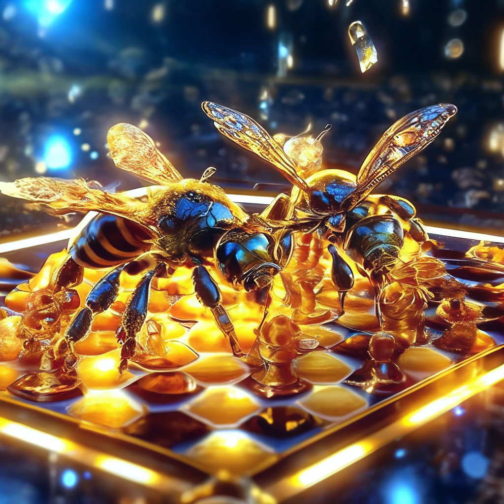 "Bees play chess on a honeycomb board, fantasy, simbiose fractal ...