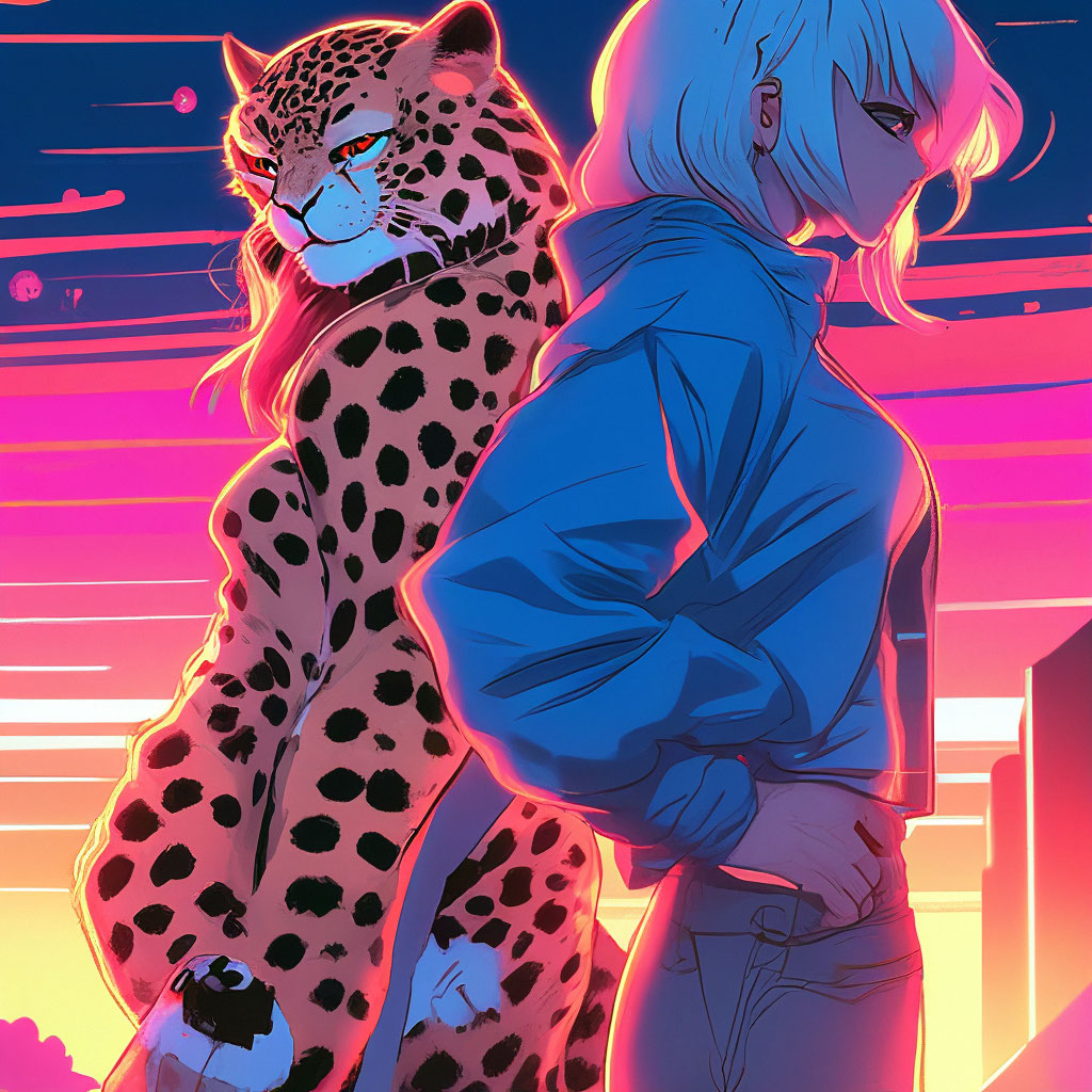 "A girl in a skirt, behind a huge anthropomorphic cheetah demon in a ...