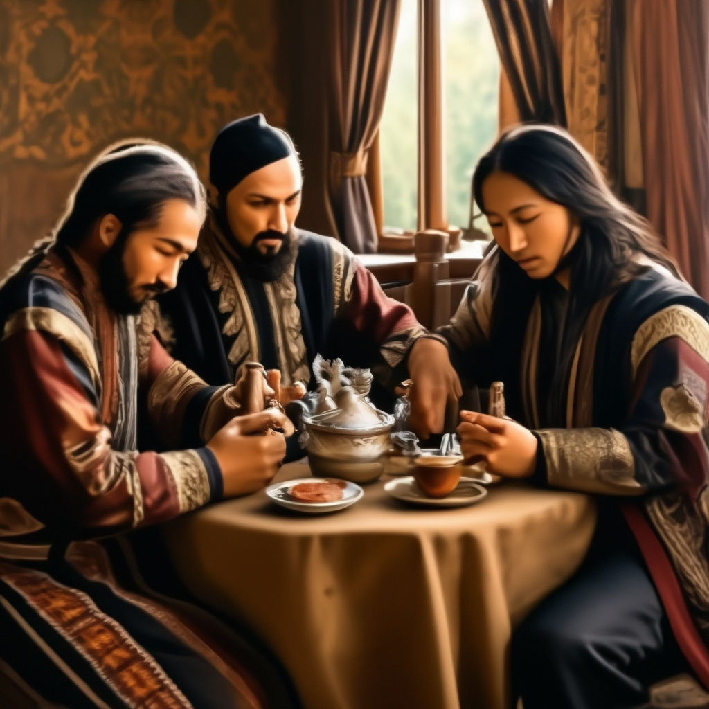 "Draw a Kazakh, Bashkir, Tatar, sitting at a dastarkhan, and drinking ...