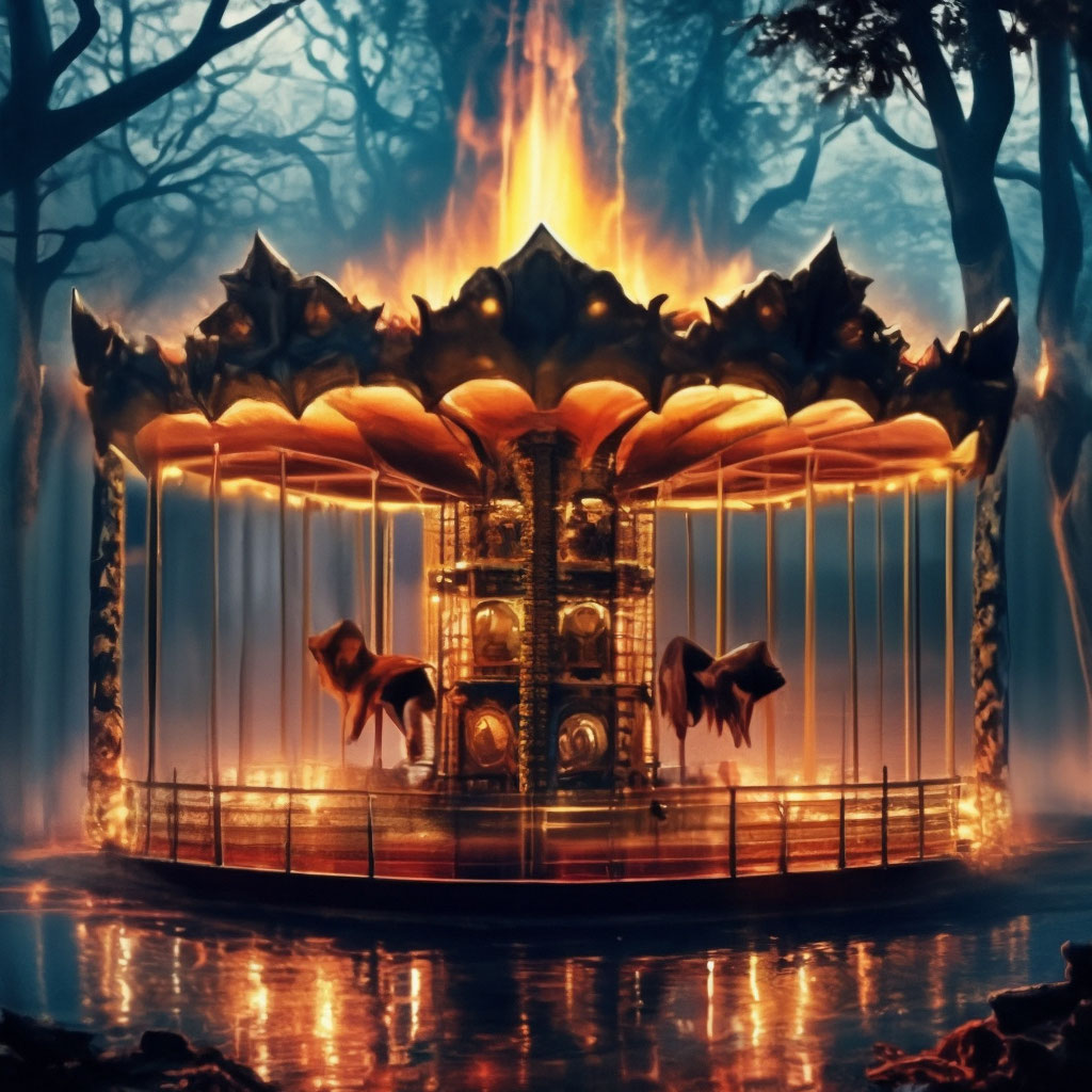 "Children's carousel in a dark overgrown park, fire, lava, and bats ...