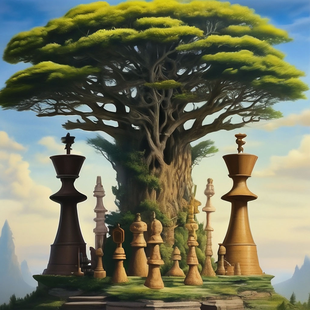 "The crown of trees in the form of chess pieces" — image created in ...