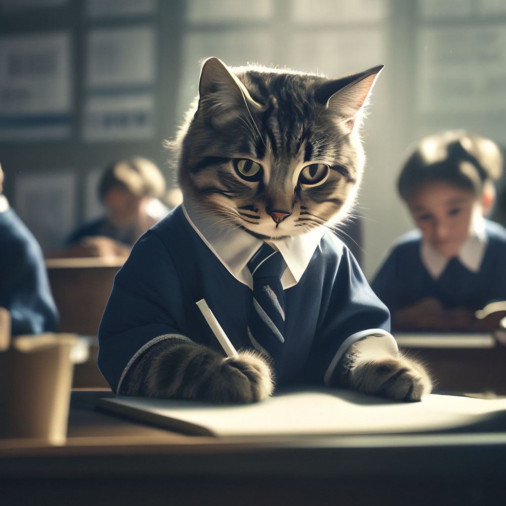 "A student cat in a school uniform sits at a desk and writes in a ...