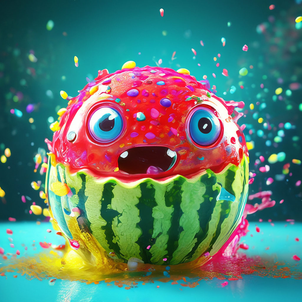 "Live multicolored blob with eyes, turned into a watermelon, lots of ...