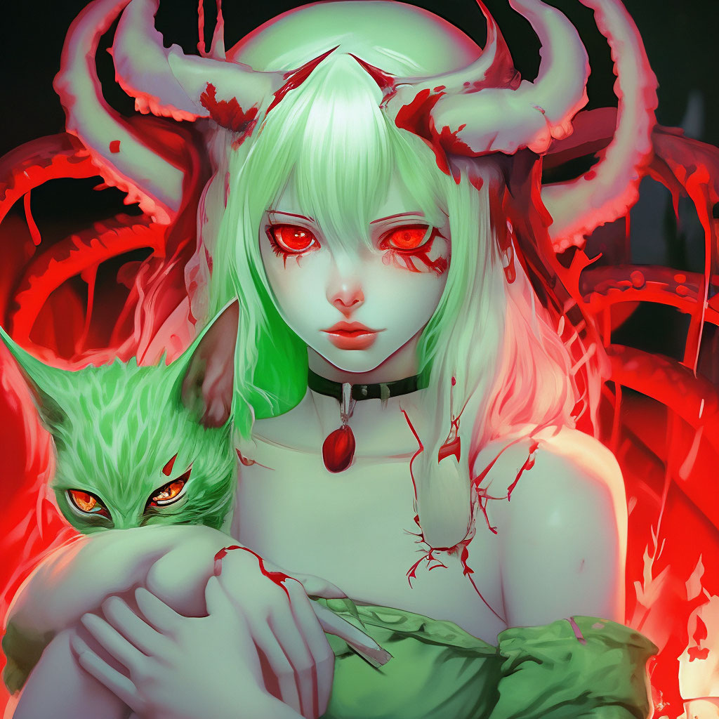 Zombie Anime Girl Red Eyes Green Skin Thoughtful Gaze Albino Girl