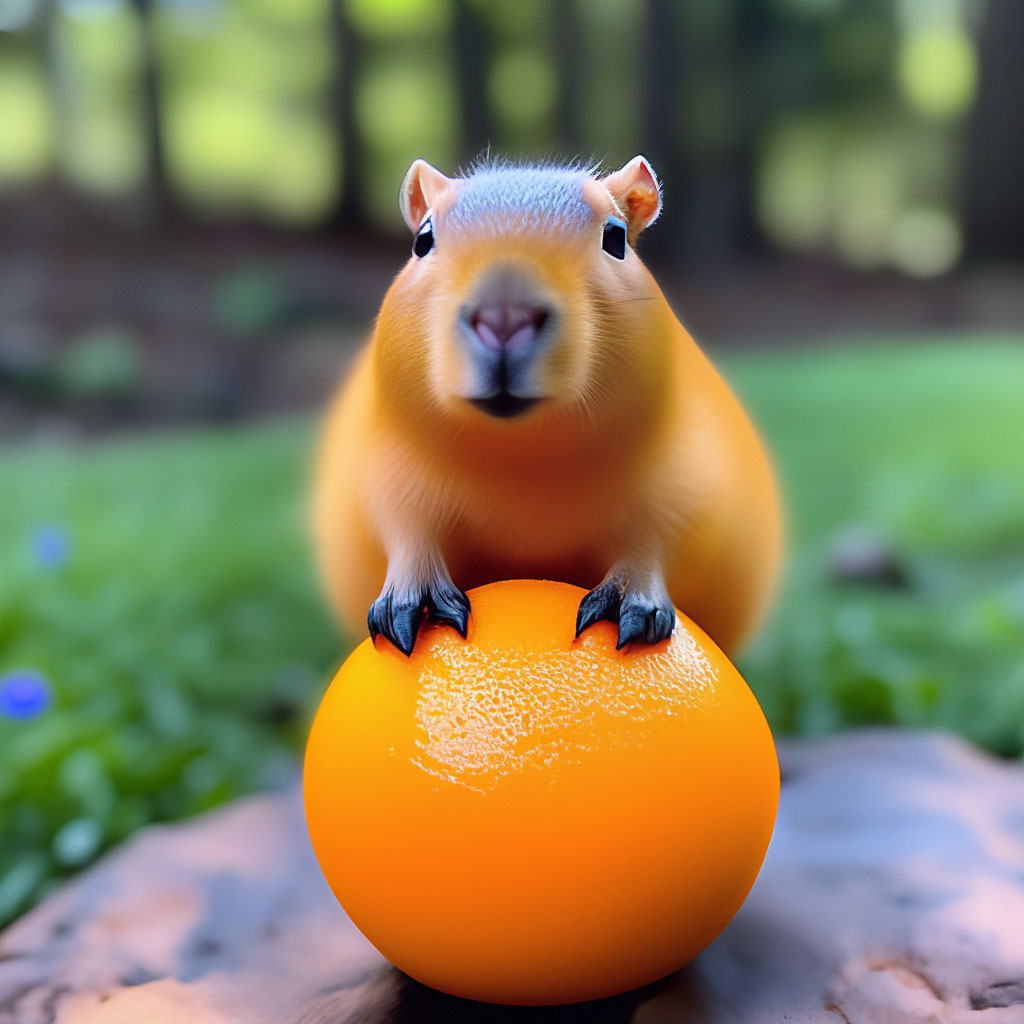 "Mini capybara on an orange" — image created in Shedevrum