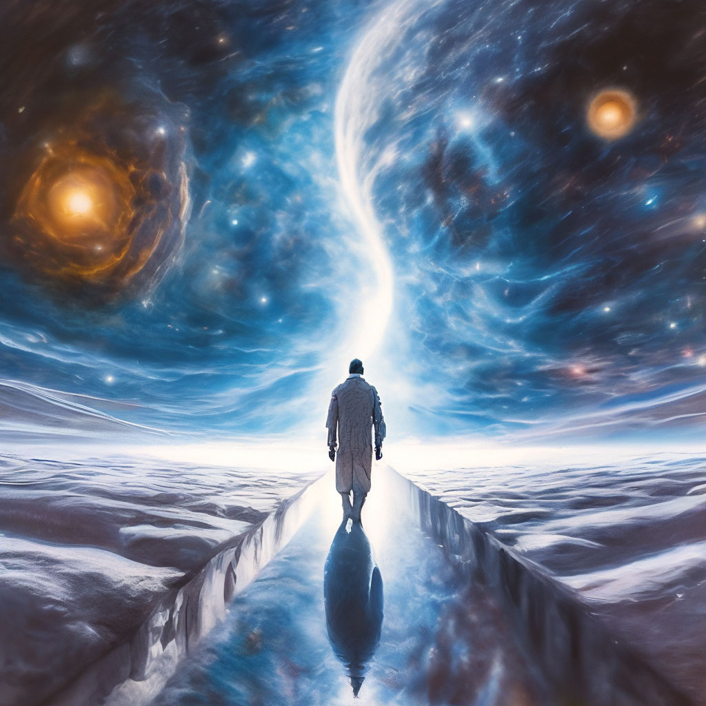 "A man who walks between universes in a white void" — image created in ...