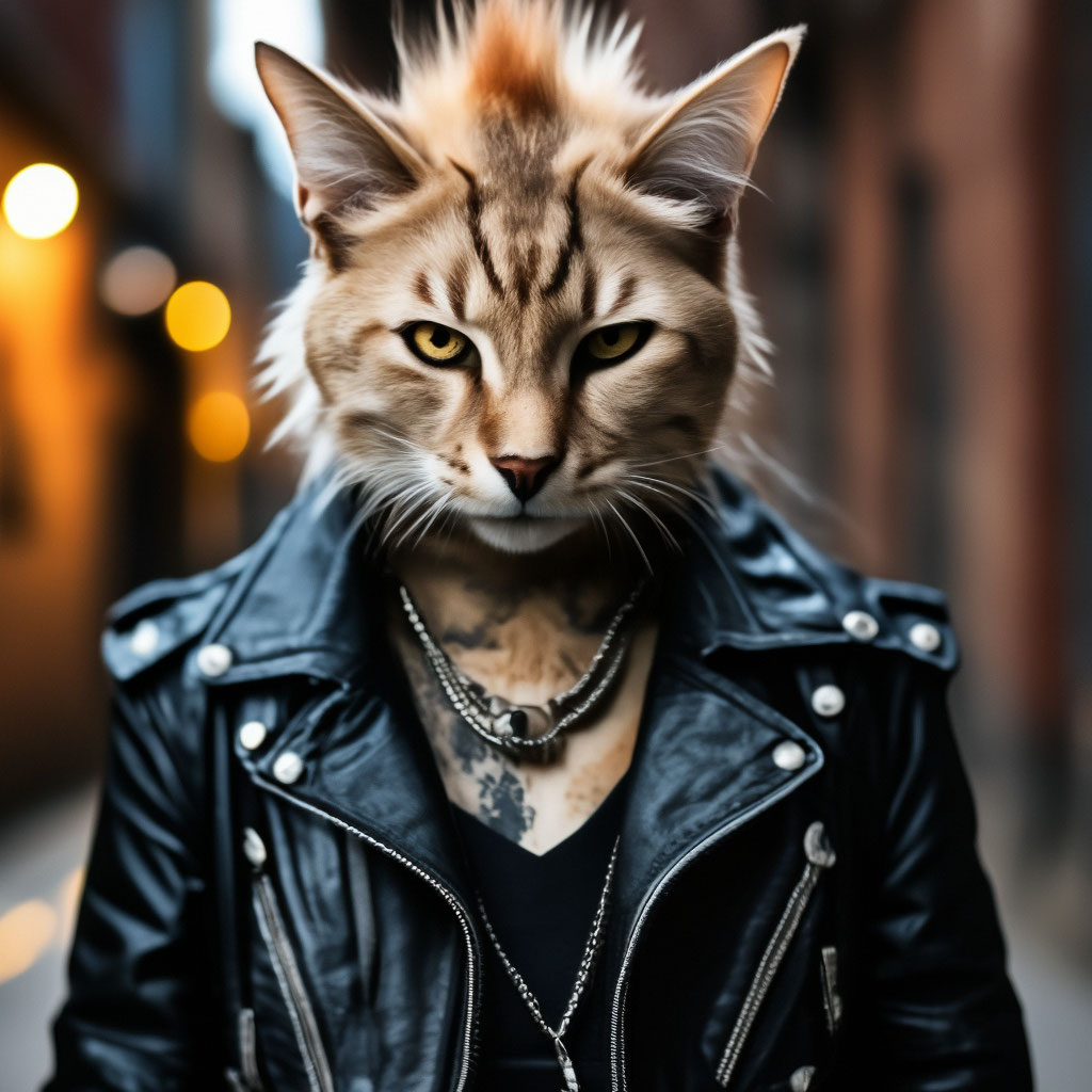 "Punk cat, in a leather jacket, with a mohawk and tattoos" — image ...
