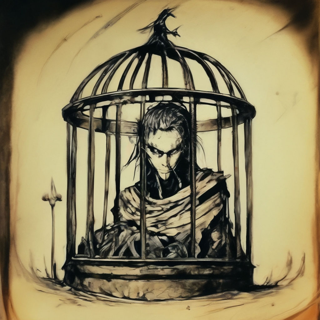 "The living head lies in a cage, his eyes are burning, horror, fantasy ...