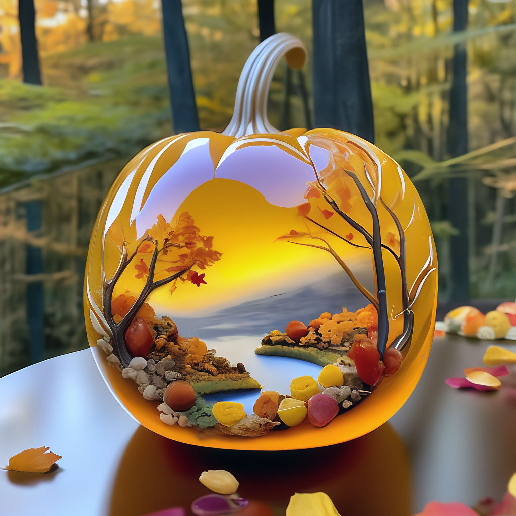 "Autumn landscape inside a large citrine pumpkin" — image created in ...
