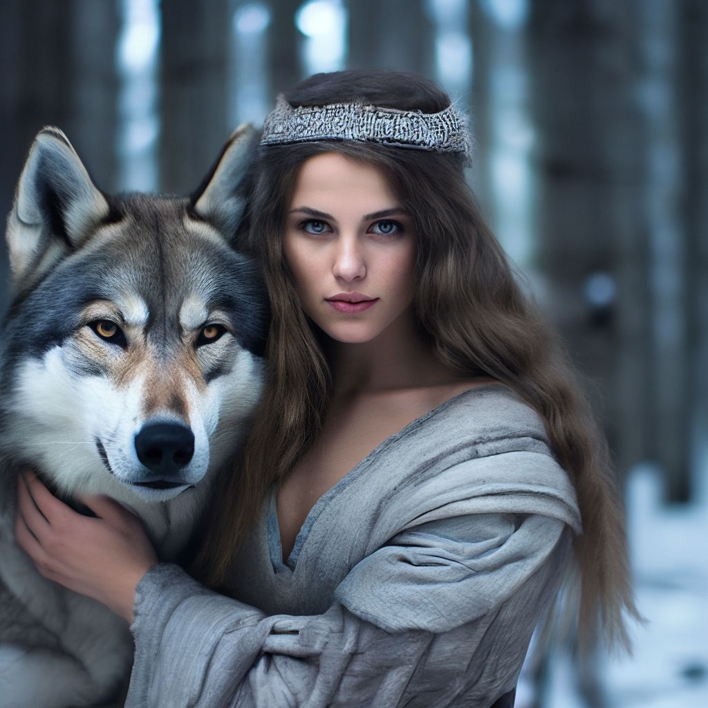 "Beautiful girl with a wolf" — image created in Shedevrum
