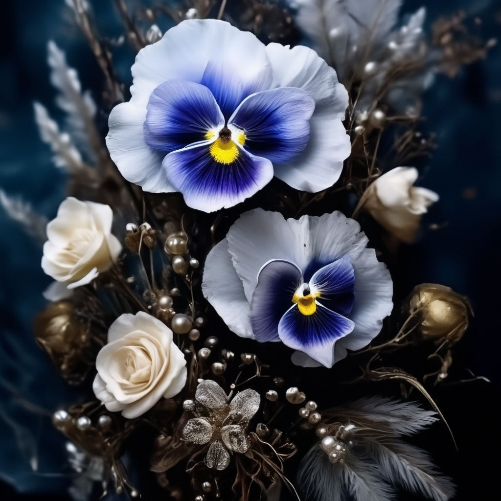 "Bouquet of pearls + luminous ethereal threads + pansy flowers ...