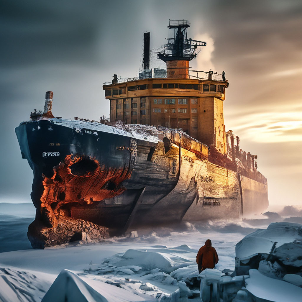 "An ultimatum huge atomic rusty old icebreaker is sailing breaking the ...