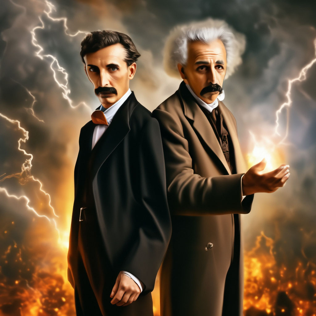 "Nikola Tesla and Albert Einstein stand with their backs to each other ...