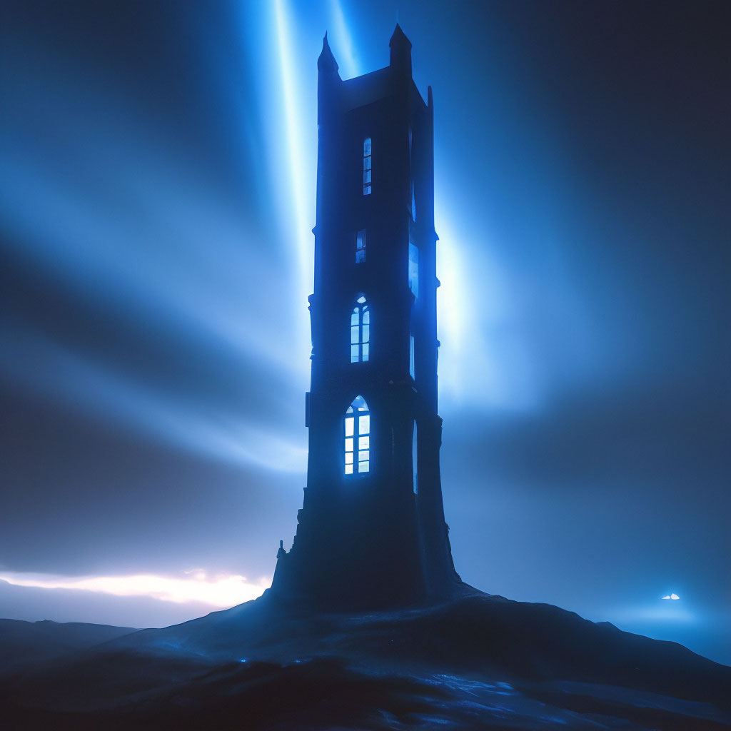 "Twilight, high lonely tower, otherworldly blue light in the window ...