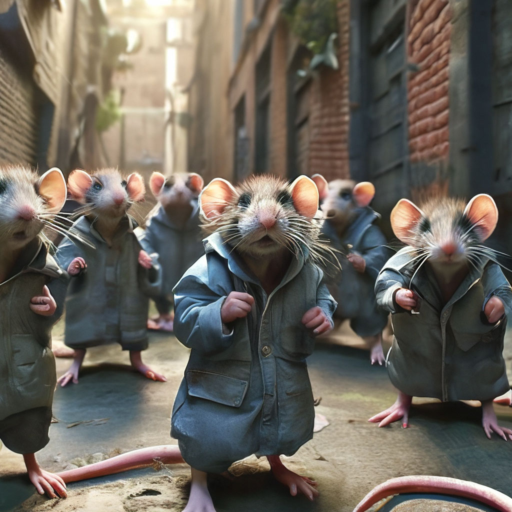 "A bunch of standing rats, in an alley, in dirty clothes, a lot of ...
