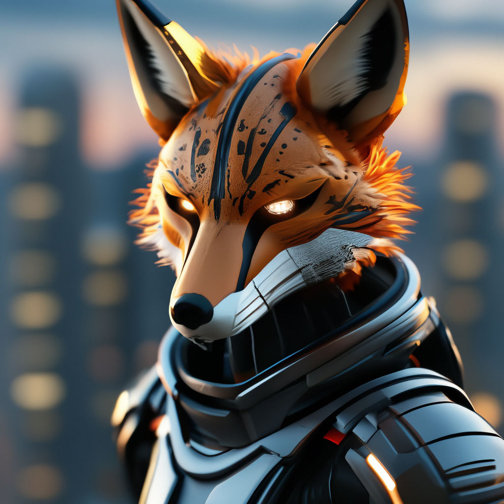 "A fox in a cyber mask and a spear with a view of the city" — image ...
