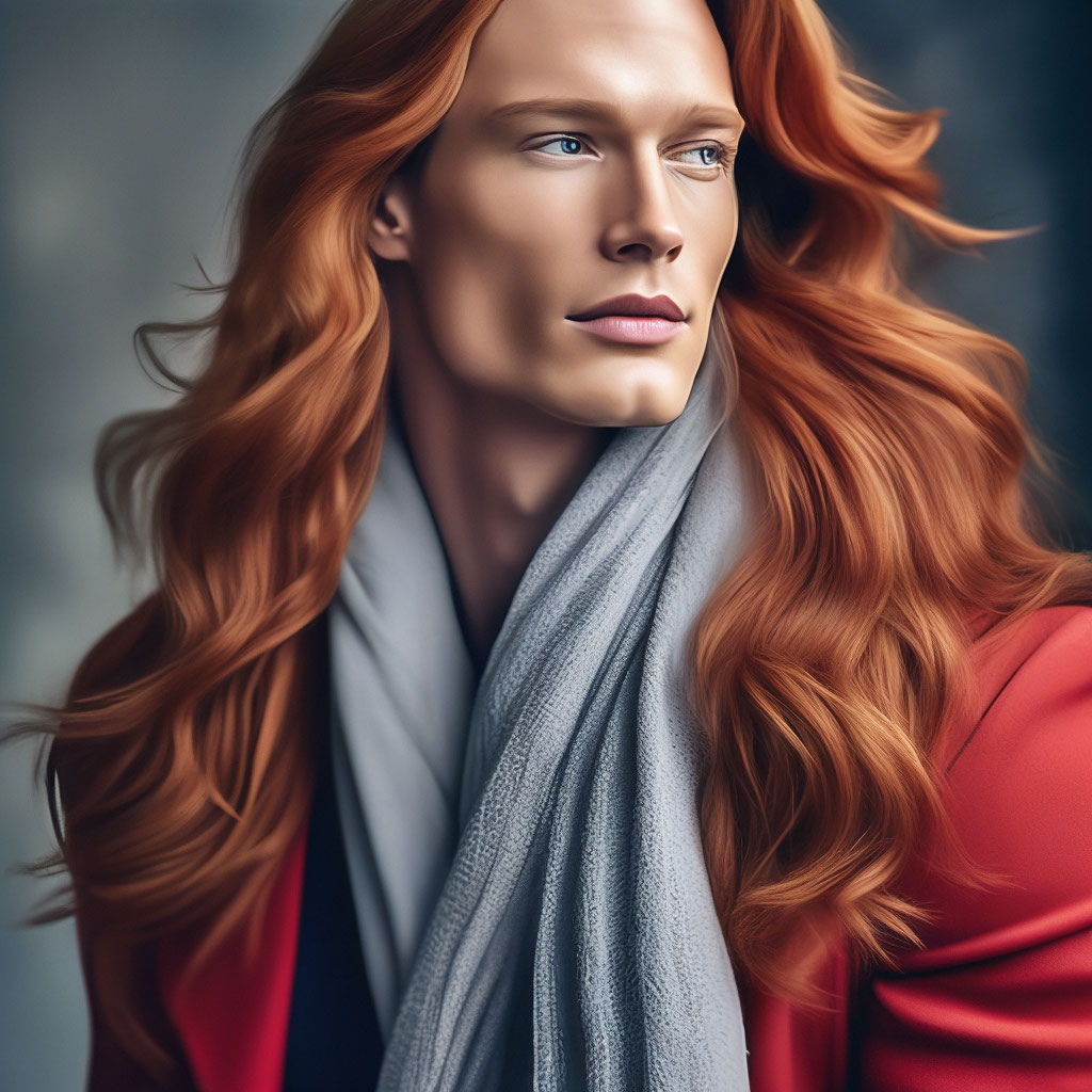 "Handsome man, profile, gorgeous long red hair, very long hair, a lot ...