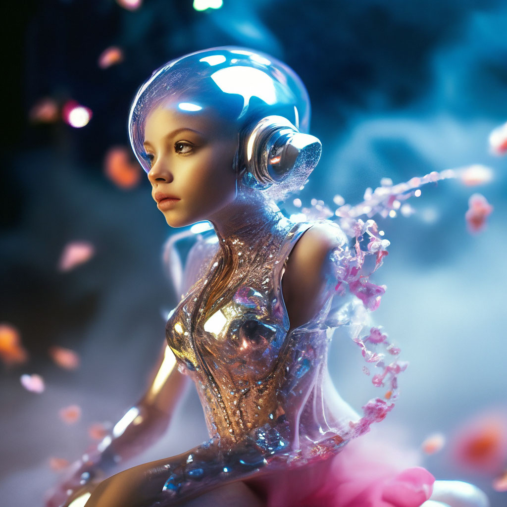 "A non-earthly cute alien girl hovers in the air, on another planet ...