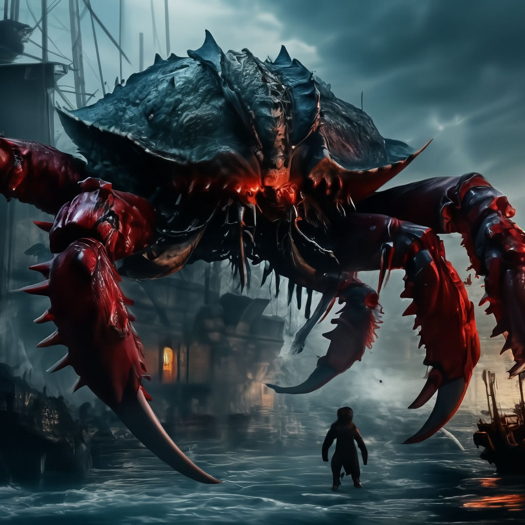 "Horror, fantasy, Huge crab, attacks pirates" — image created in Shedevrum