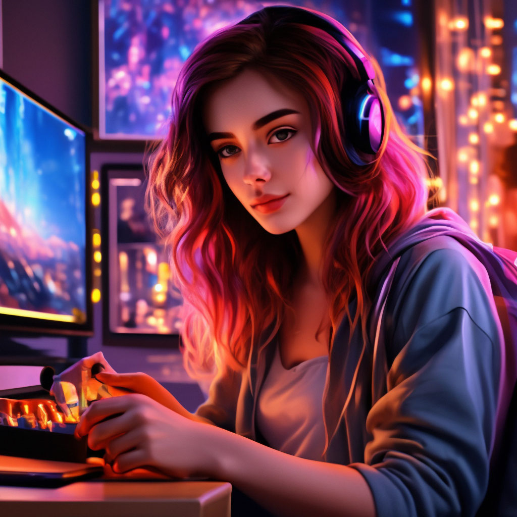 "Gamer girl playing a game, computer on the table, garland posters ...
