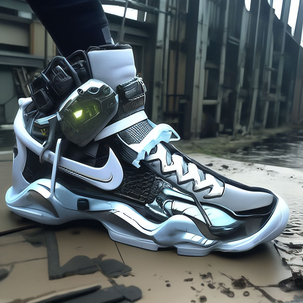 "Robot cyborg mechanical gel silicone nike sneakers" — image created in ...