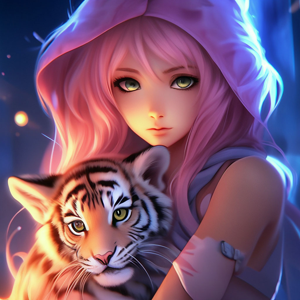 "Anime girl with long pink hair with a tiger cub,big eyes, milaha ...