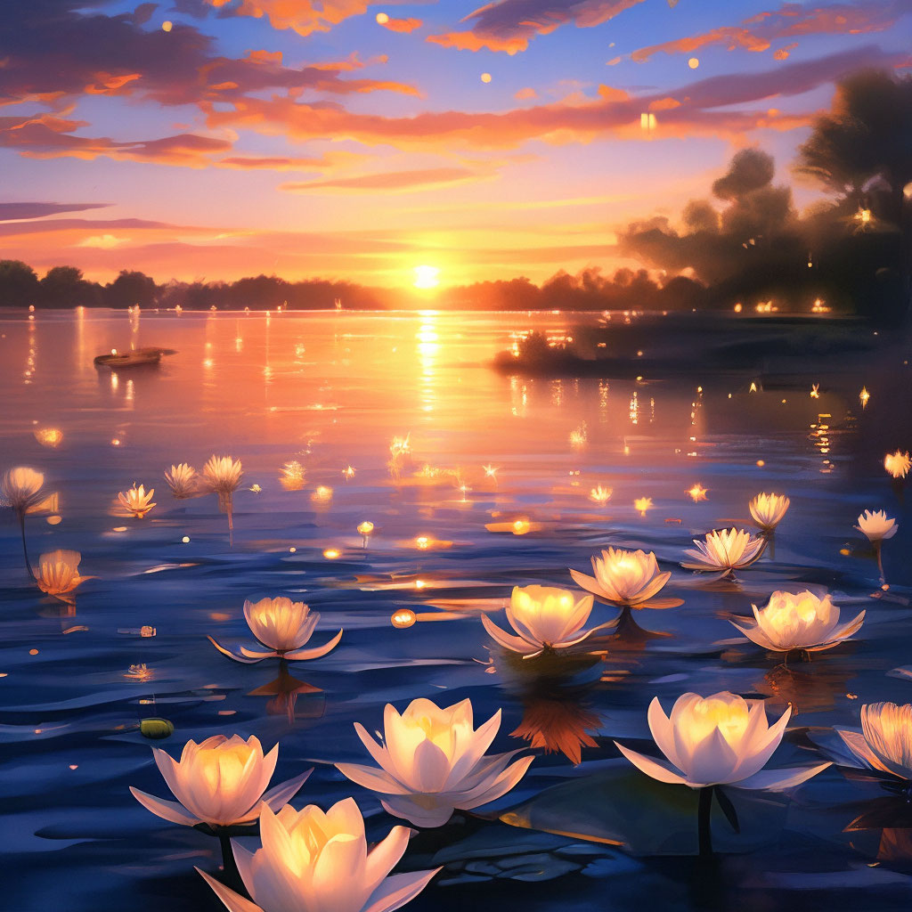 "Sunset on the sea,waterfall,lightning,white water lilies,fireflies ...