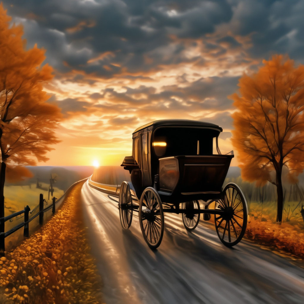 "Carriage, autumn, road, sunset." — image created in Shedevrum
