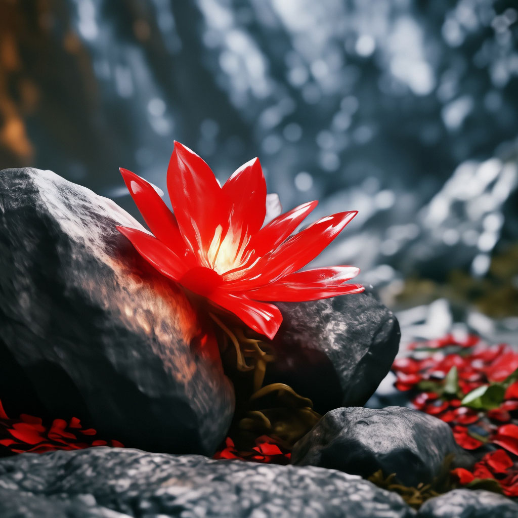 "Ultra-detailed ultra-realistic living scarlet flower grows from a ...