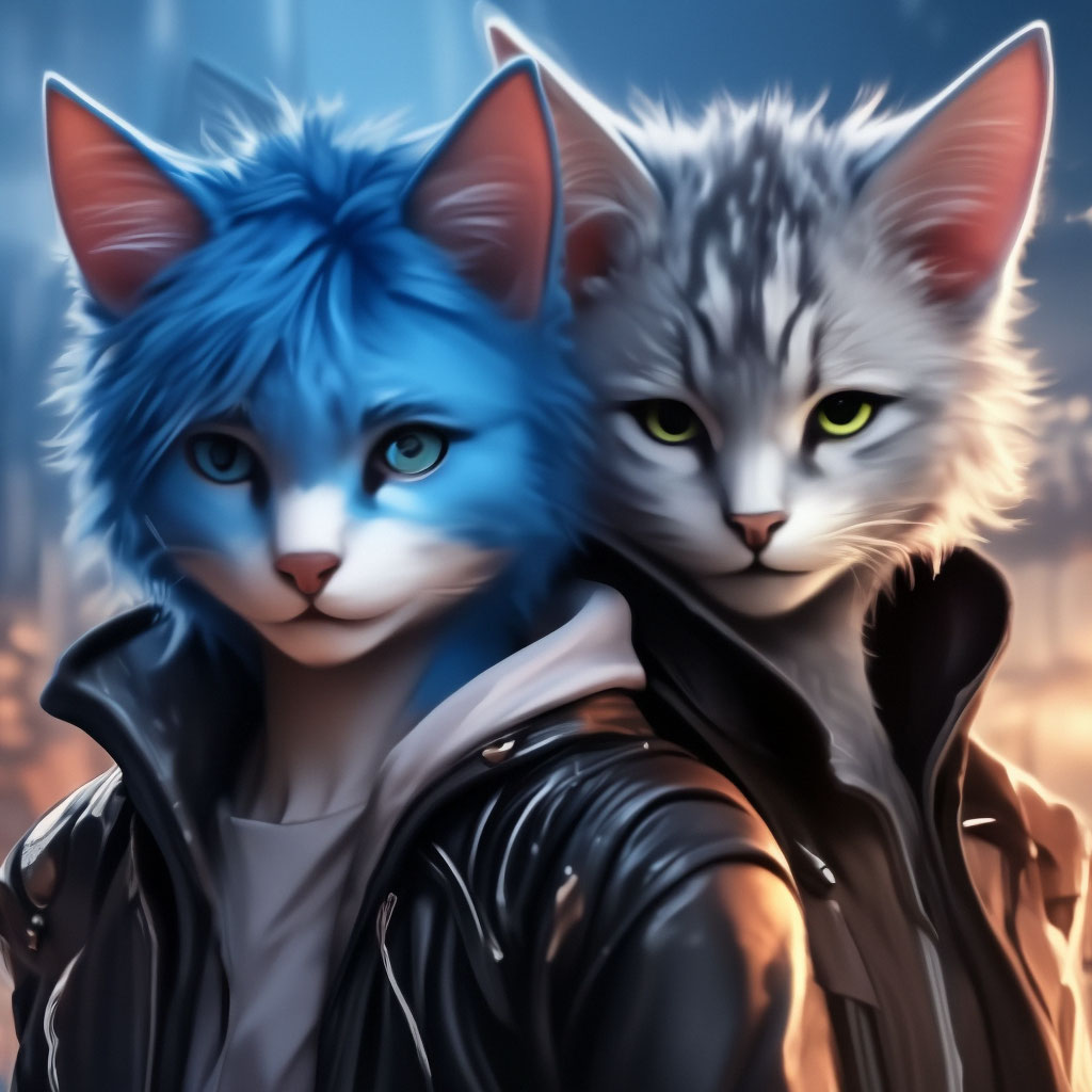 "A fabulous illustration of two anthropomorphic humanoid cats, a boy ...