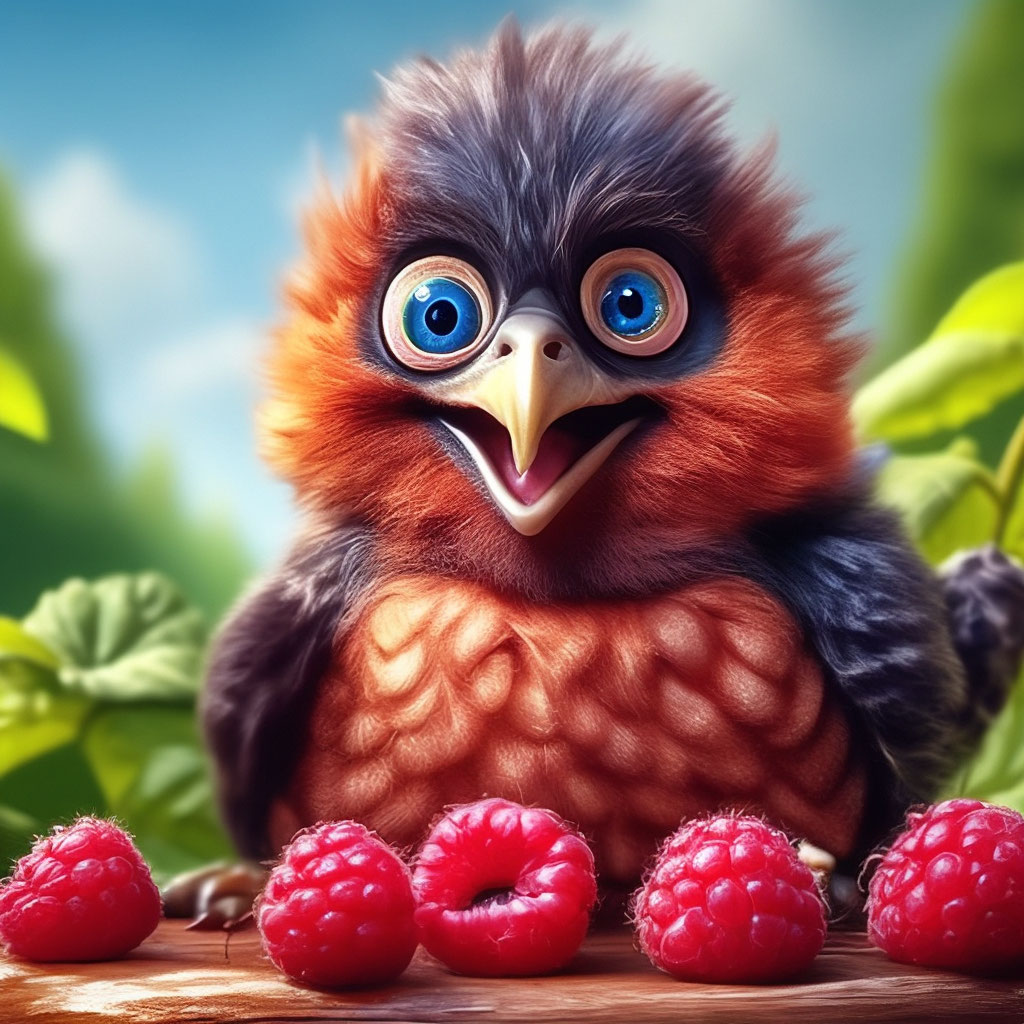 "Creep funny fluffy bug-eyed rook eats raspberries, sits and smiles ...