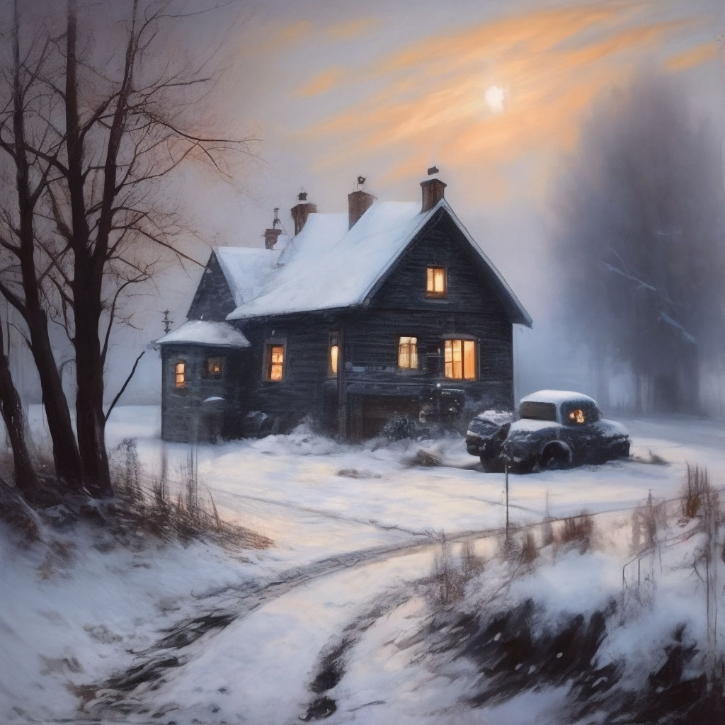 "Winter, cold weather, lonely houses" — image created in Shedevrum