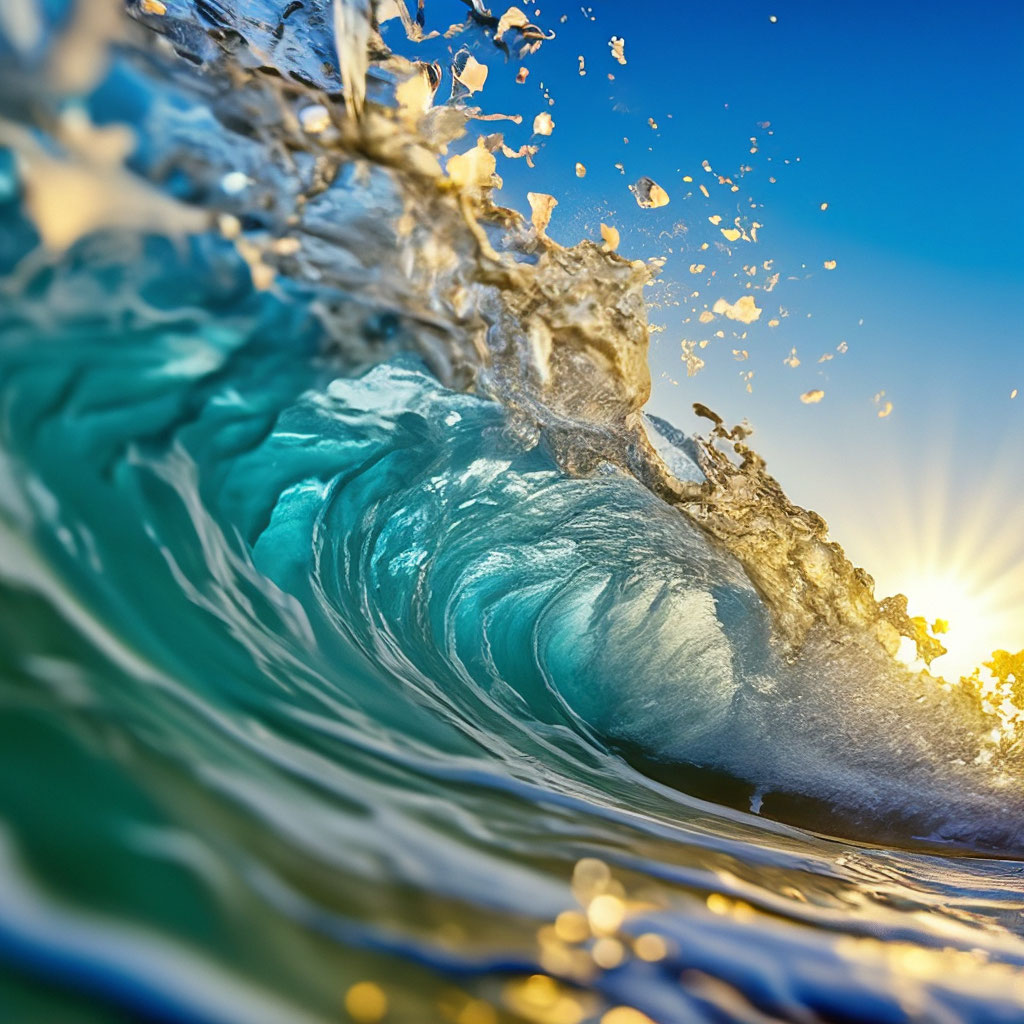 "Blue sky, azure sea wave with foam and tsunami, wave with a curl ...