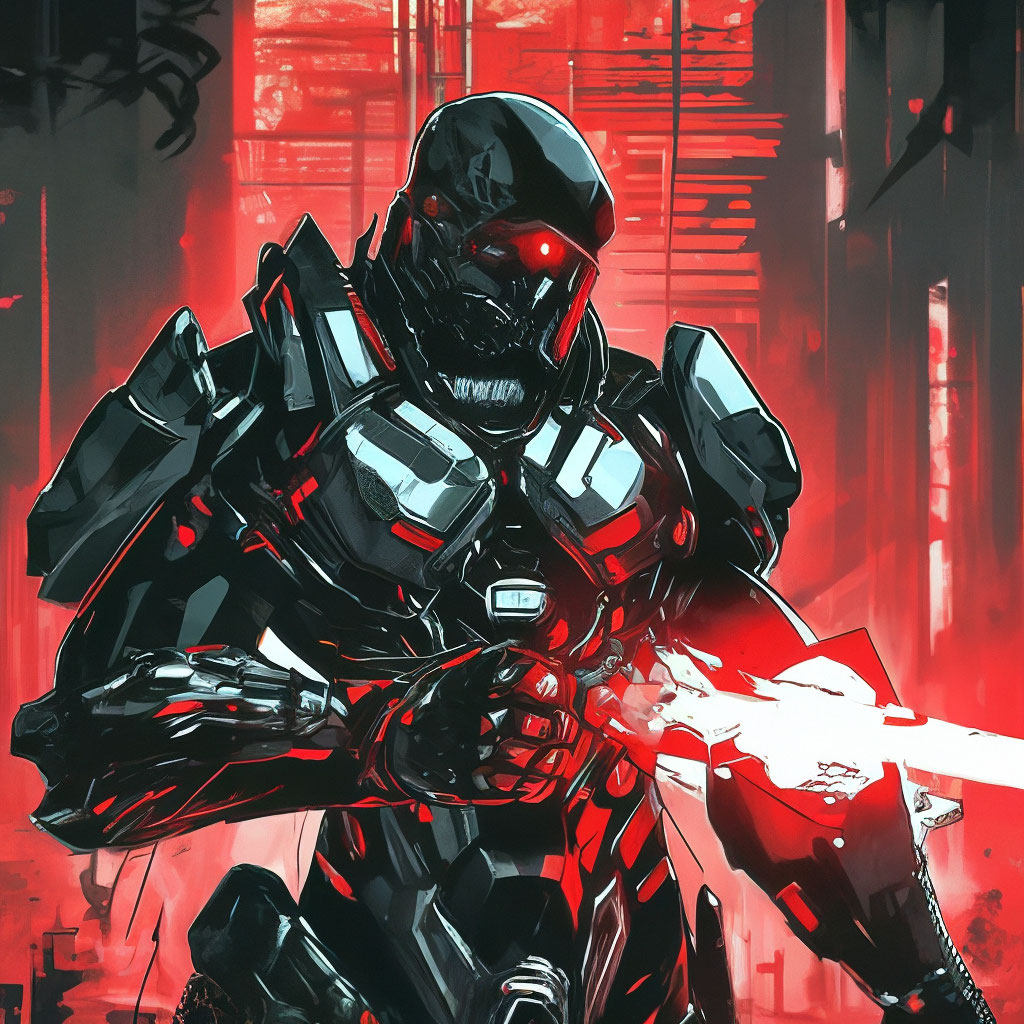 "Cyborg in black armor, blaster in hand, darkness, shades of red, dark ...