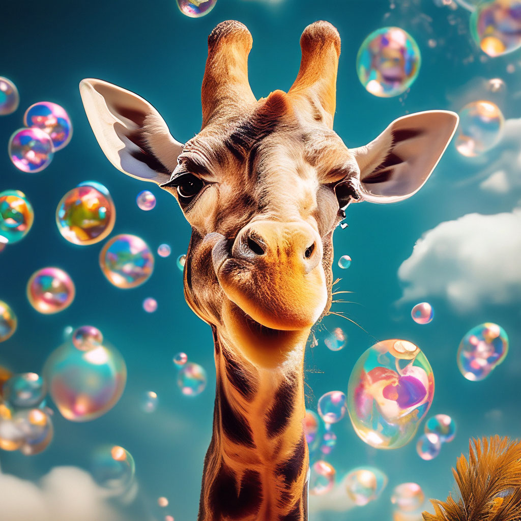"Giraffe blows bubbles" — image created in Shedevrum