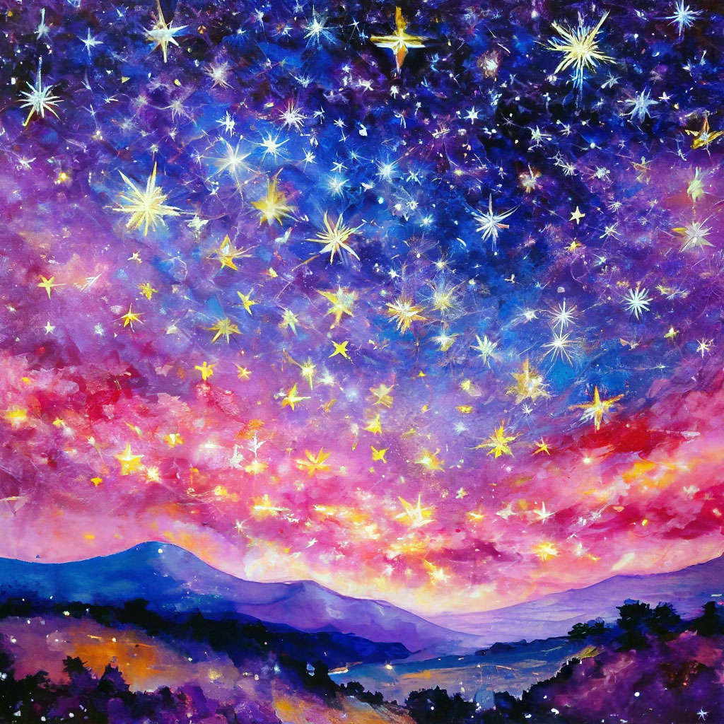 "Endless starry sky, many stars,constellations,purple-pink color scheme ...