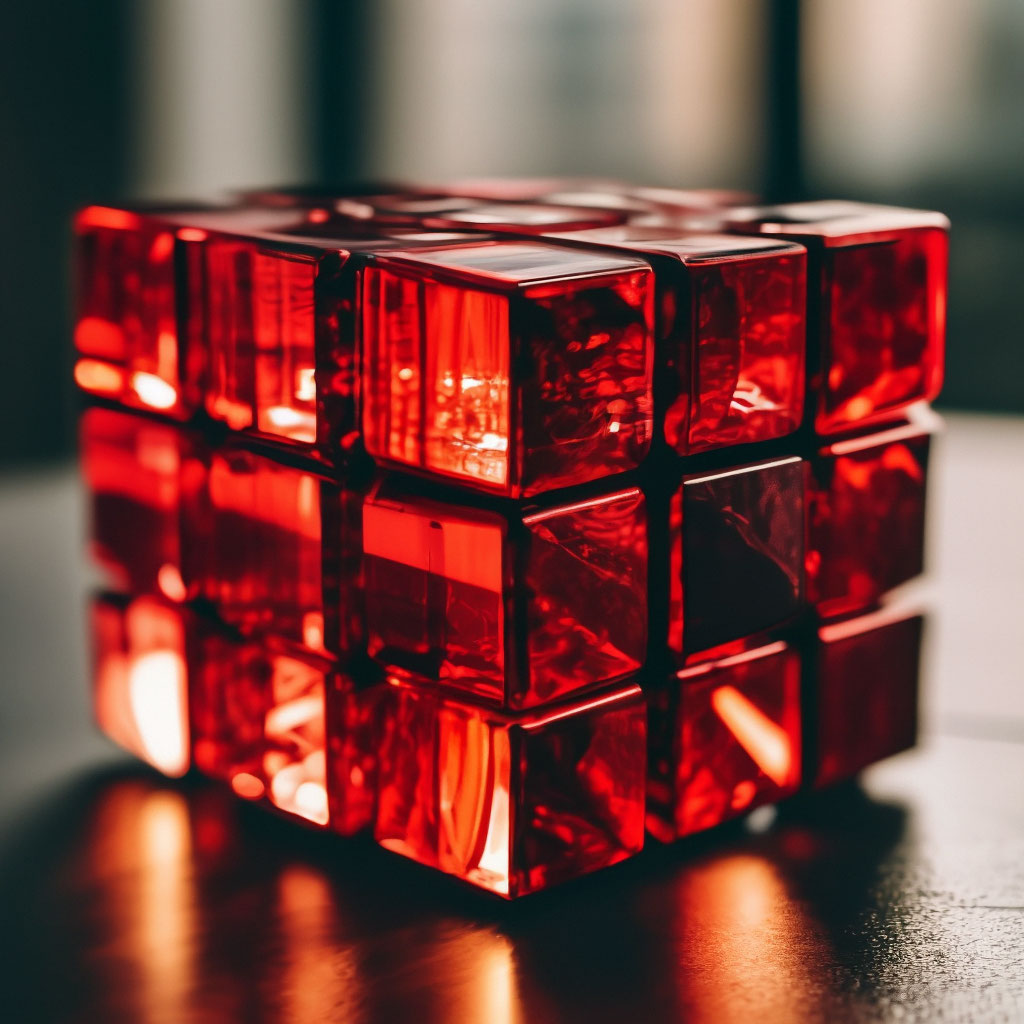 "Very beautiful red crystal rubik's cube, detailing, shadows, light ...