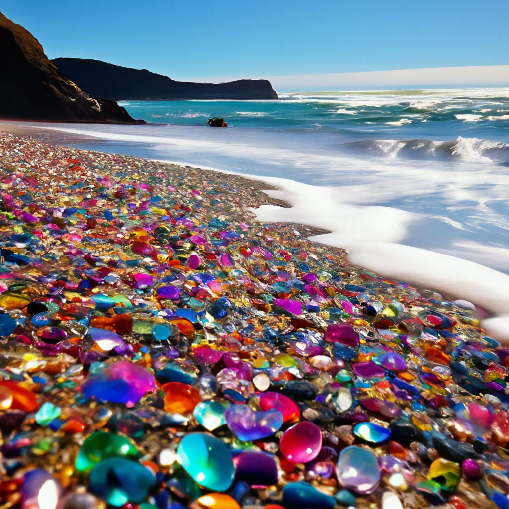 "Beach of multicolored gems" — image created in Shedevrum