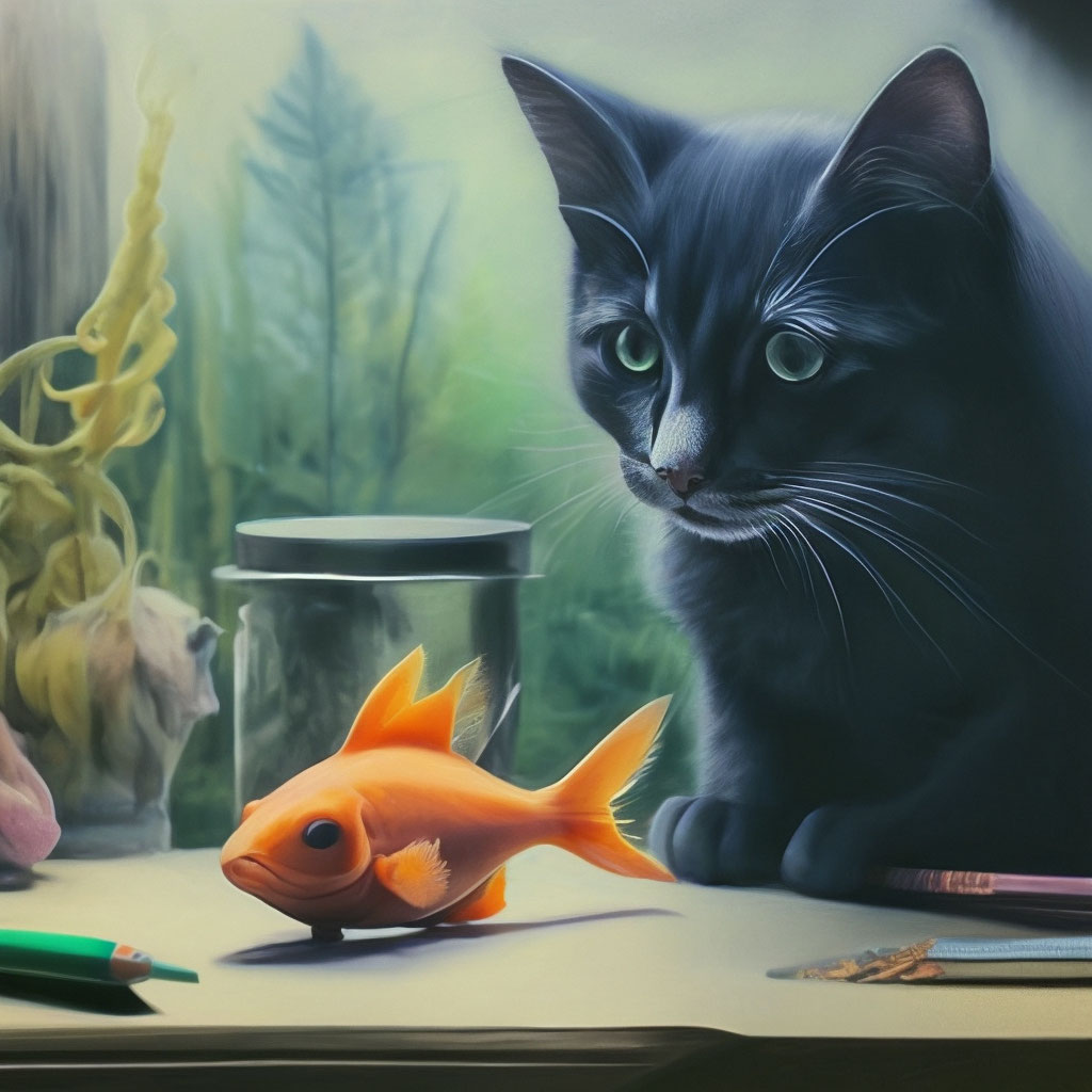 "A cat hamsters a fish, drawing with a colored pencil" — image created ...