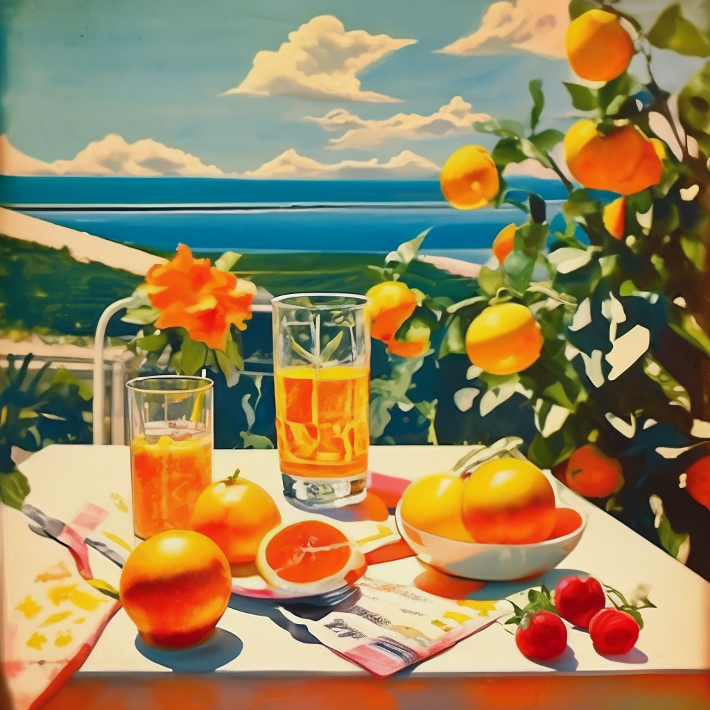 "Sunny day, fruits, glass, paper napkins" — image created in Shedevrum