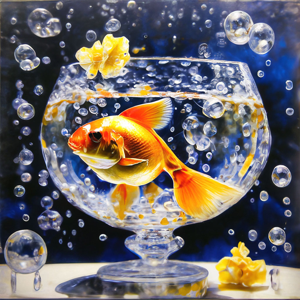 "Goldfish splashing in a large crystal dish with champagne, champagne ...