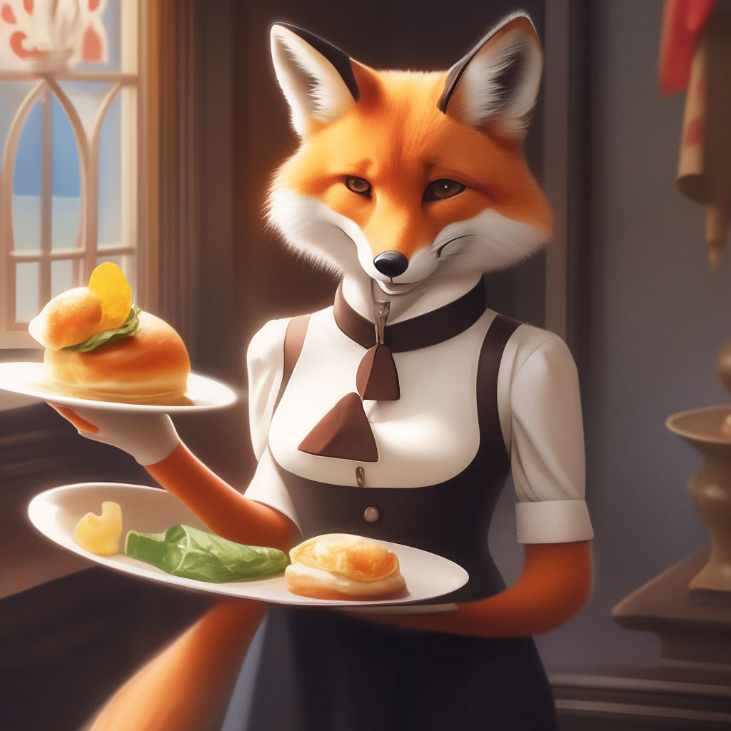"The fox waitress serves a bun" — image created in Shedevrum