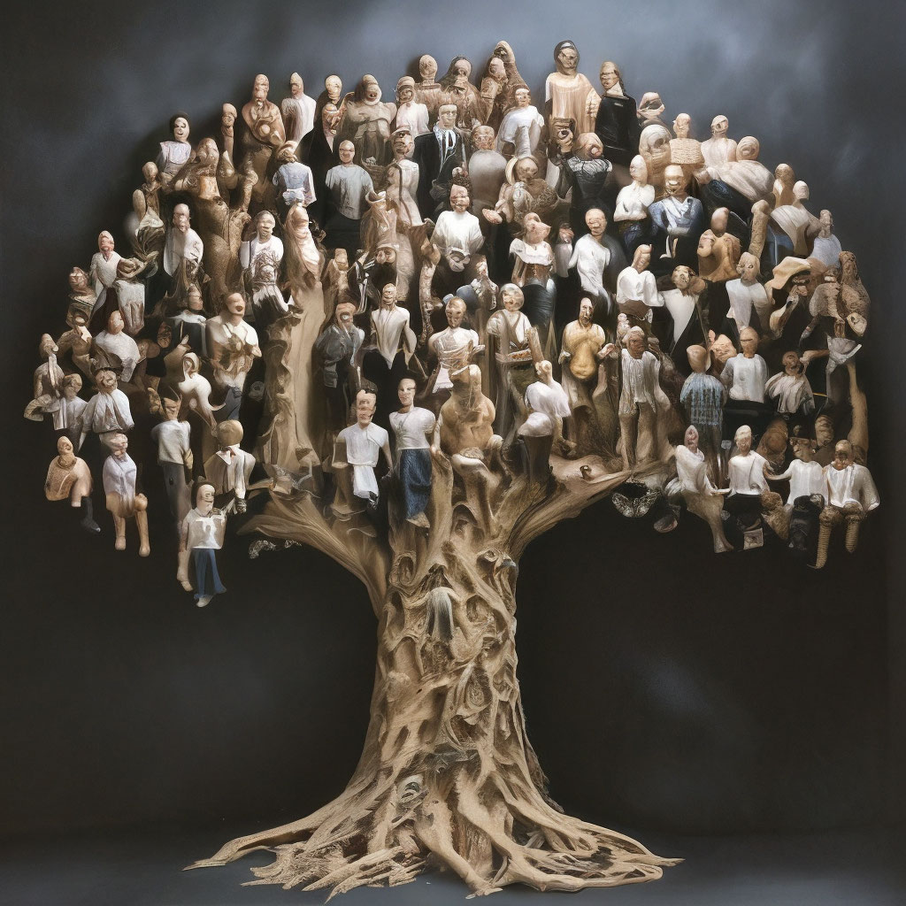 "A tree made of people, hyperrealism, dark background" — image created ...