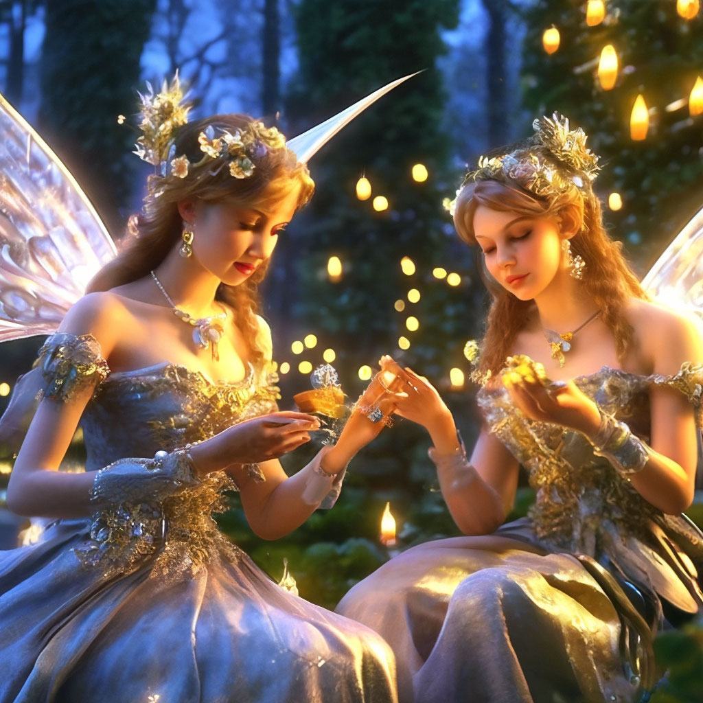 "Renaissance style. Fairies gathered for the holiday, lights flickered ...