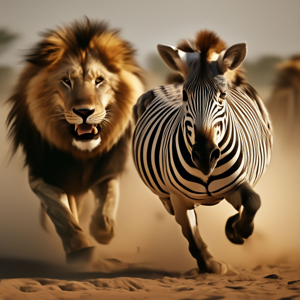 "Zebra fleeing from a lion, savanna, dust, high ditalization, 2D, wild ...