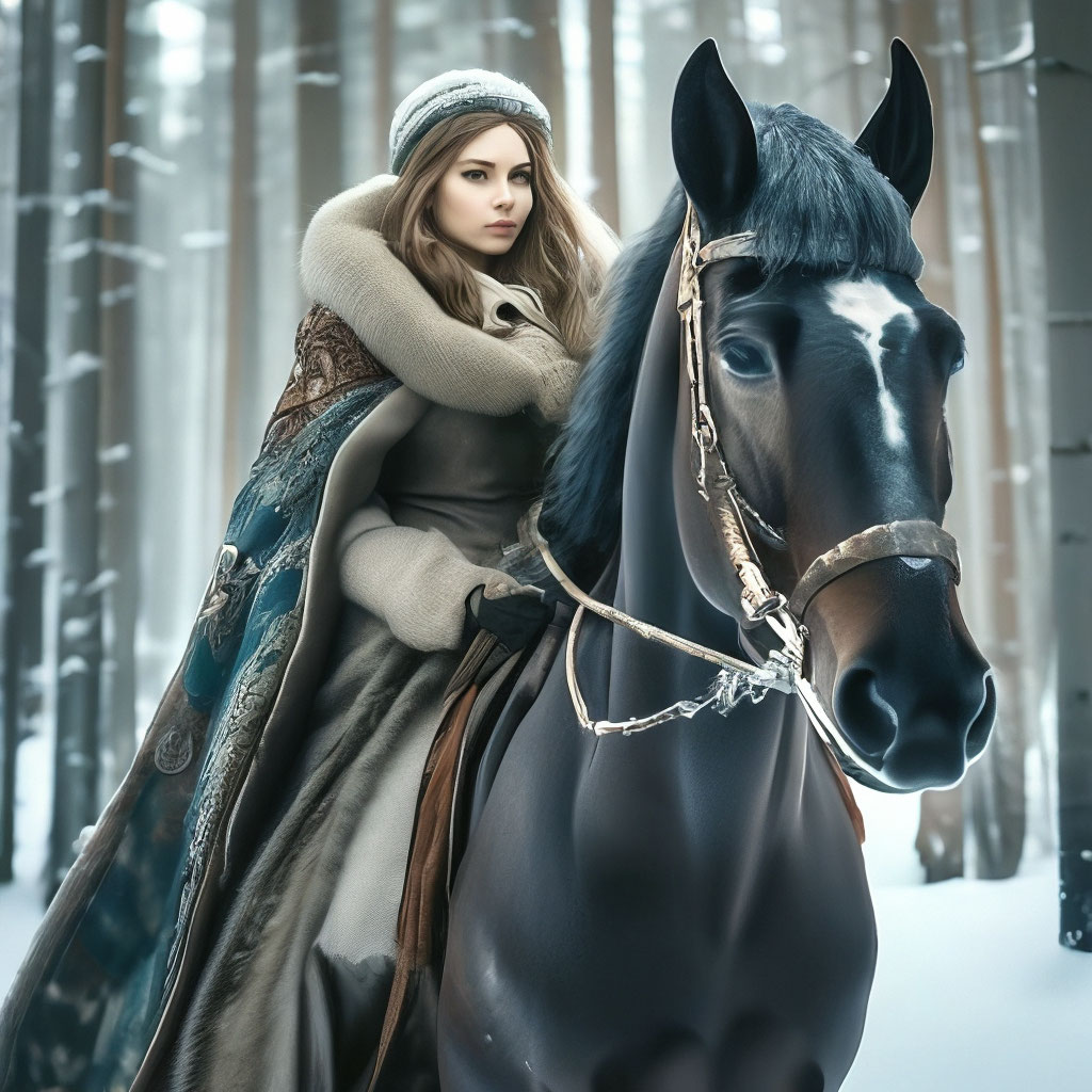 "Winter,forest,Russian young countess riding an Arab steed on a walk ...